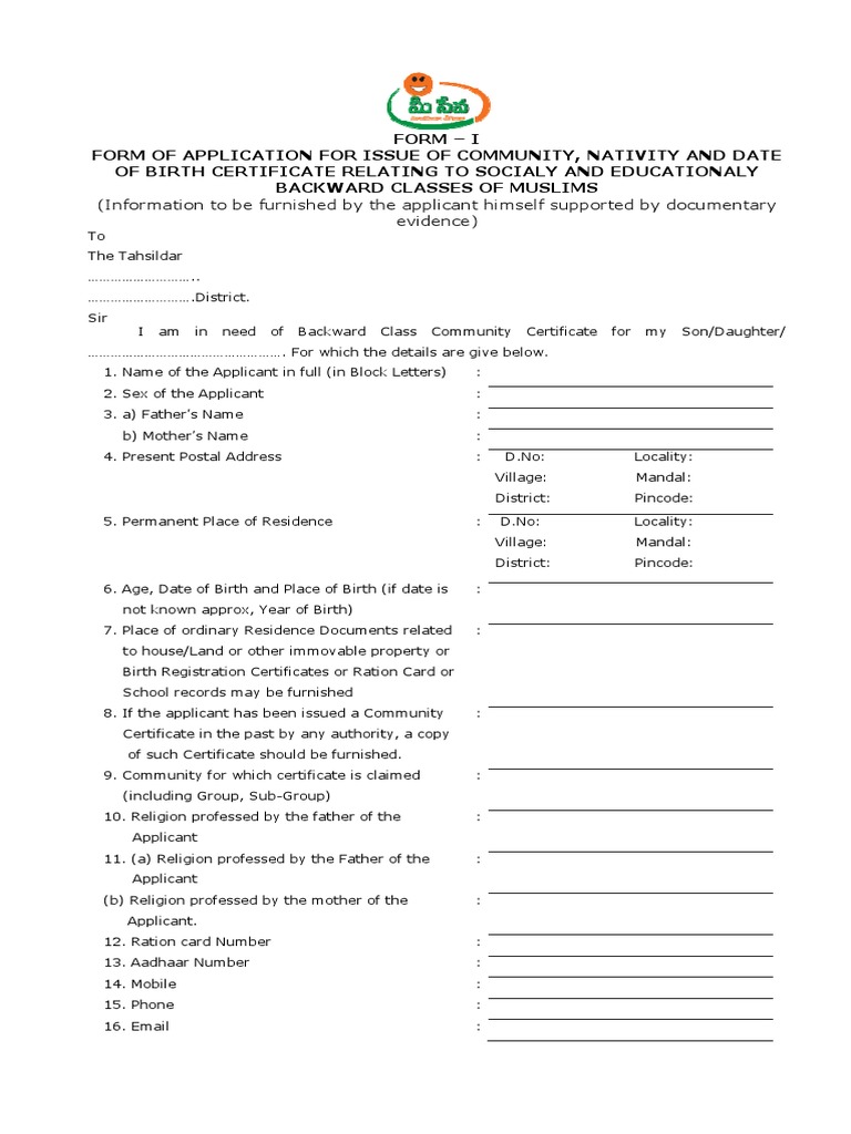 Application for a Backward Class Community Certificate for Social and ...