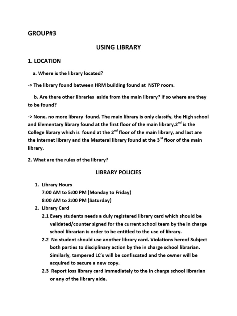 Group#3 Using Library: 1. Location | PDF | Libraries | Librarian