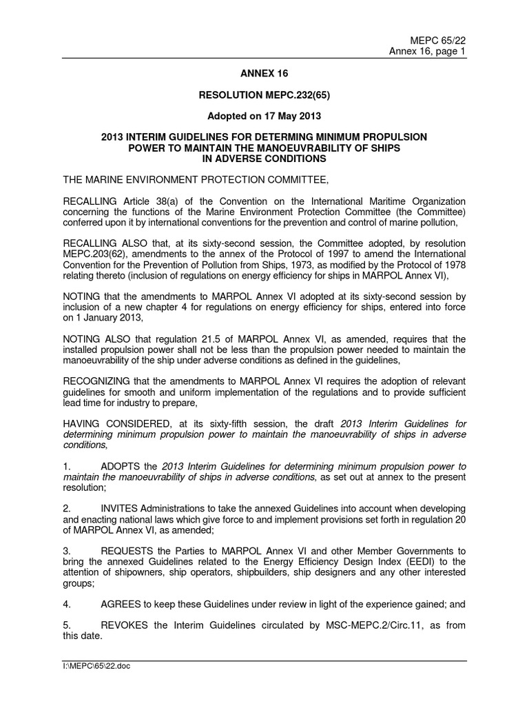 Annex 16 RESOLUTION MEPC.232 (65) Adopted On 17 May 2013 2013 Interim Guidelines For Determing ...