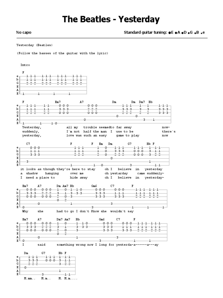 Yesterday Tab by the Beatles (Text Version) _ Songsterr Tabs With ...