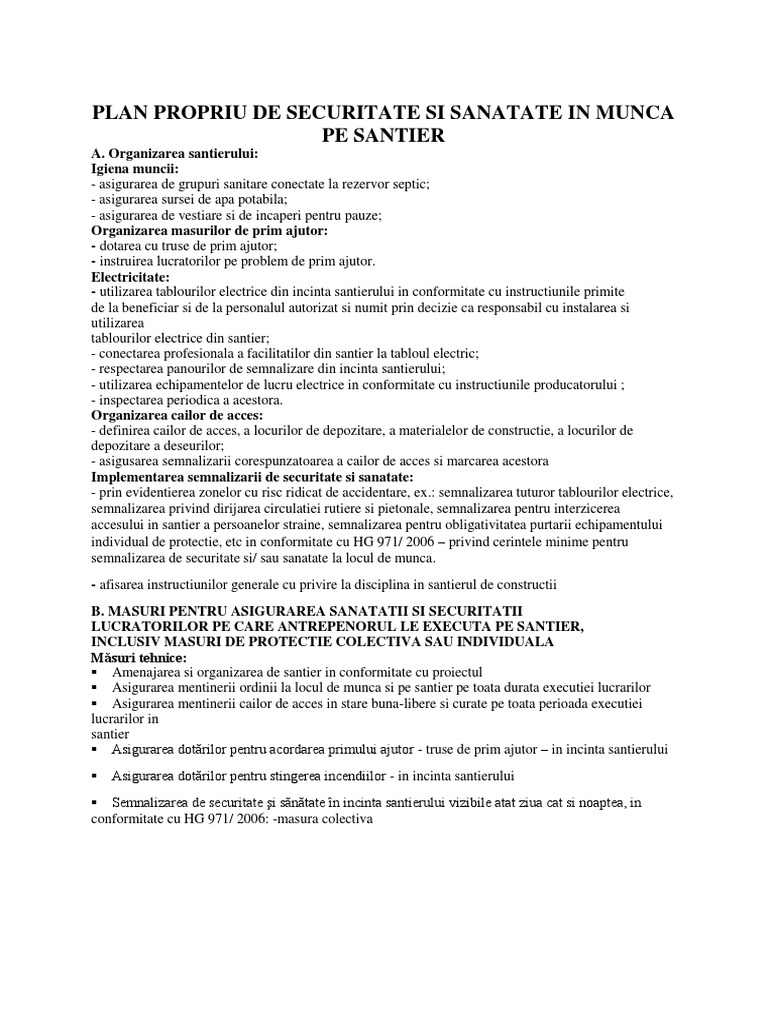 Plan Propriu de Securitate Si Sanatate in Munca Pe Santier | PDF