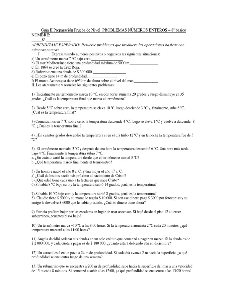 Guia Problemas de Enteros | PDF | Celsius | Entero