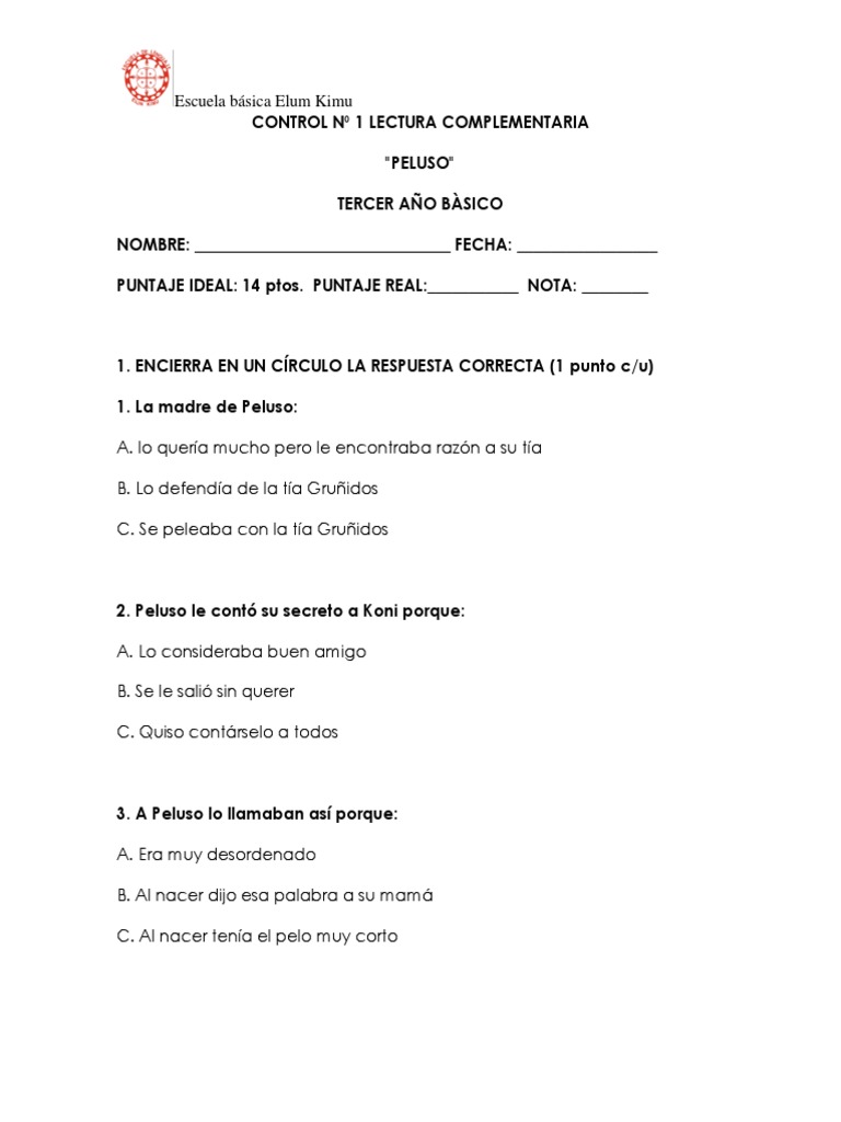 Control de Lectura: Peluso 3° Básico | PDF | Novela negra, policíaca y suspenso