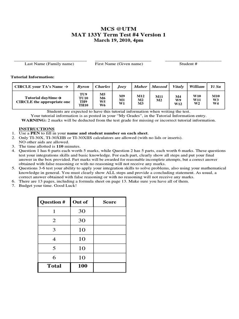 Mcs @utm MAT 133Y Term Test #4 Version 1: March 19, 2010, 4pm | PDF ...