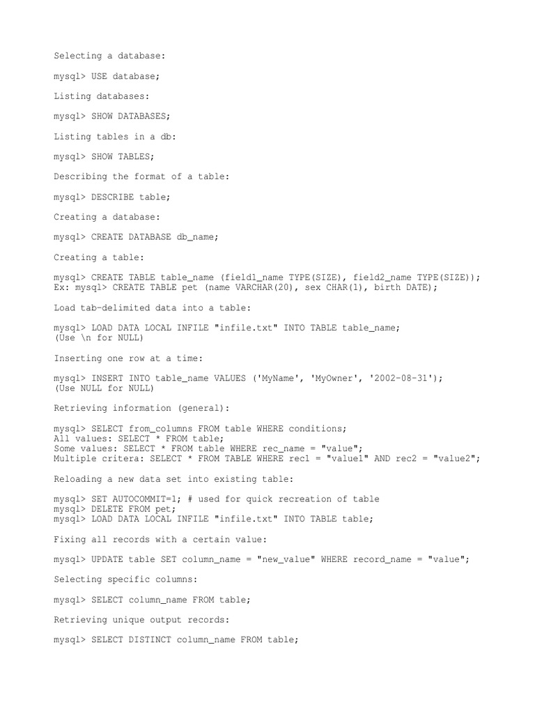 Mysql Cheat Sheet | PDF | Table (Database) | Sql