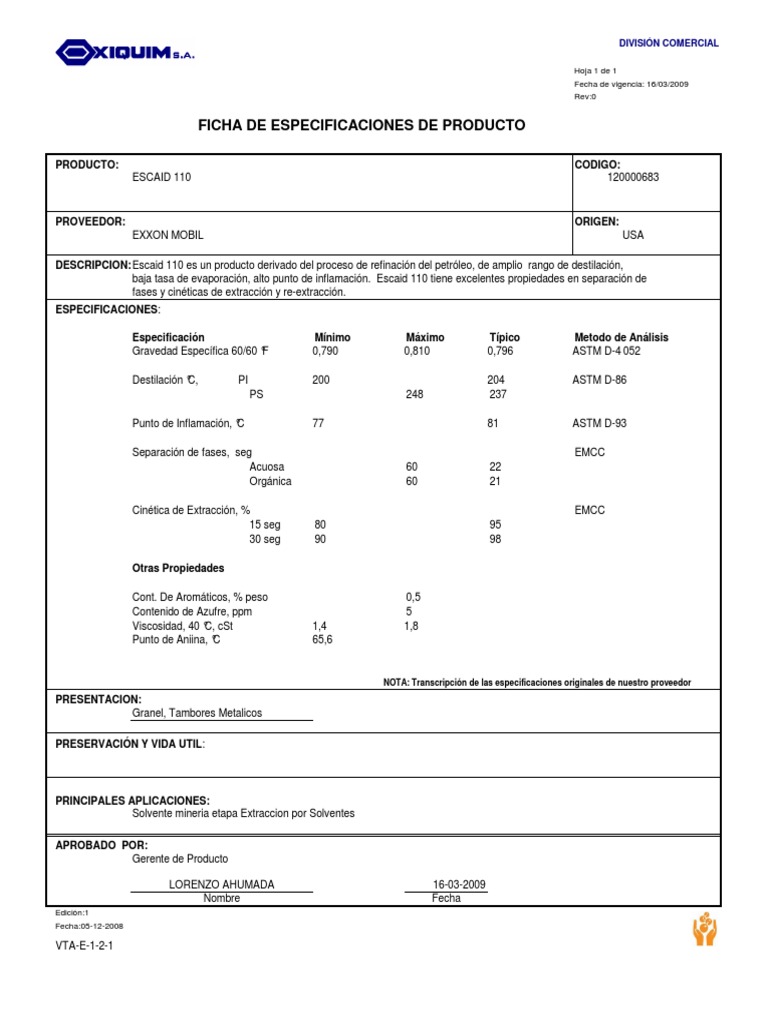 Especificaciones de Escaid 110 | PDF