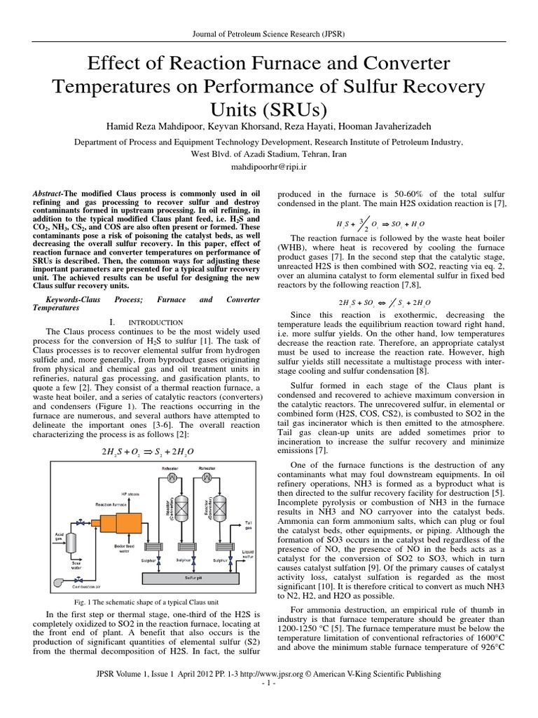 Effect of Reaction Furnace and Converter Temperatures On Performance of ...