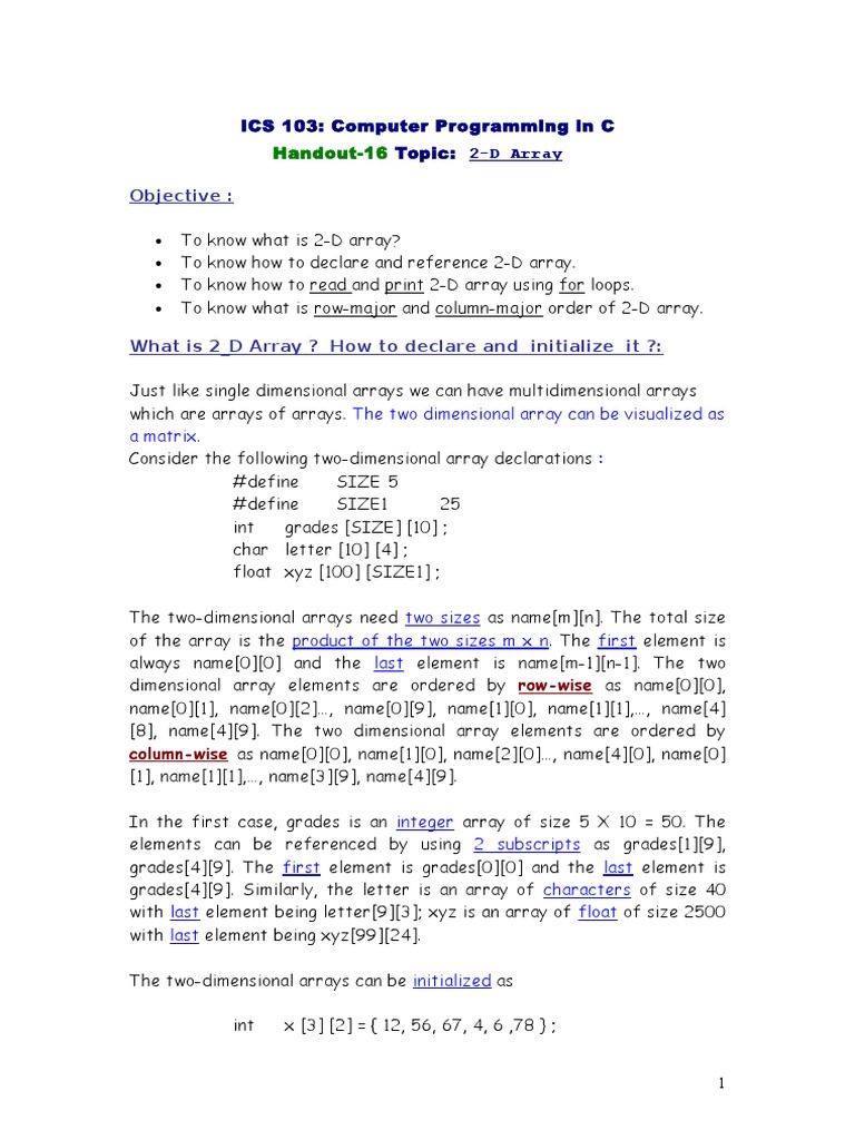 Objective:: ICS 103: Computer Programming in C Topic: 2-D Array | PDF | Software Engineering ...