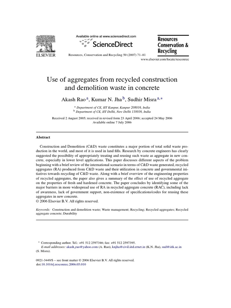 Use of Aggregates From Recycled Construction and Demolition Waste in ...