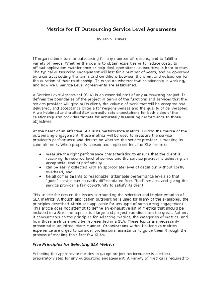 Metrics For IT Outsourcing Service Level Agreements | PDF | Service ...