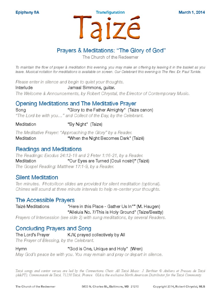 Taize Meditation Service - The Glory of God | PDF | Lord's Prayer | Jesus