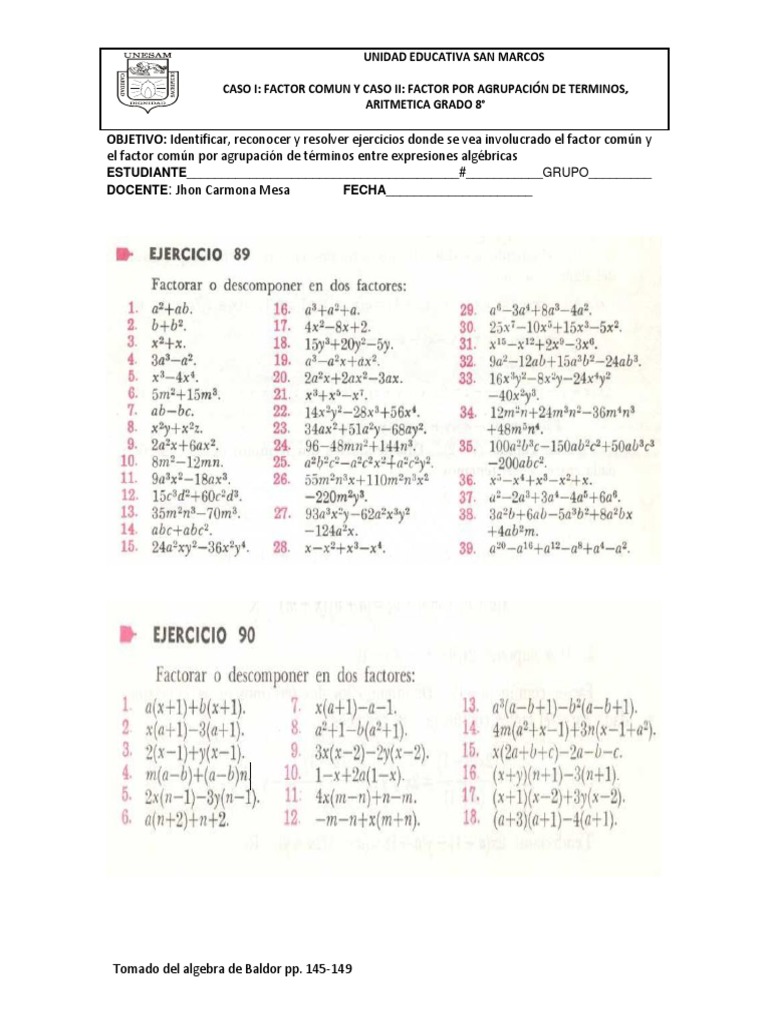 Taller Factor Comun y Factor Comun Por Agrupacion de Terminos | PDF