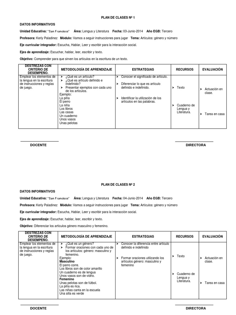 Plan de Clases Diario | PDF | Plural | Escritura