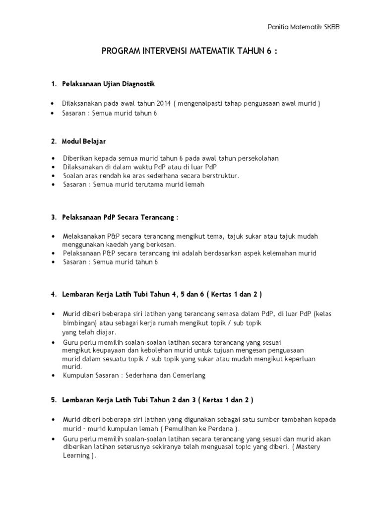 Program Intervensi Matematik Tahun 6 | PDF