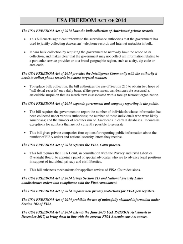 USA FREEDOM Act 2014: Key Reforms Explained | PDF | Foreign ...