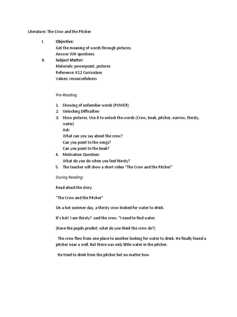 Thirsty Crow Story Lesson Plan | PDF | General Fiction