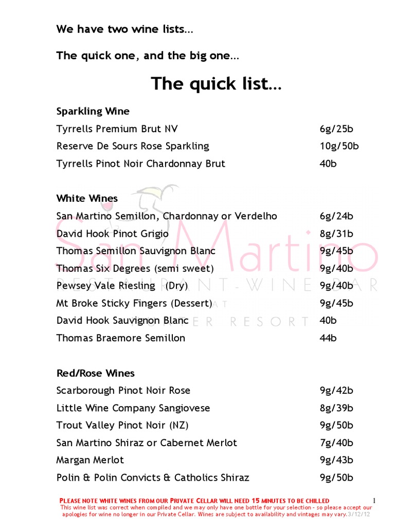 Sample Wine List | PDF | Wine | Rose