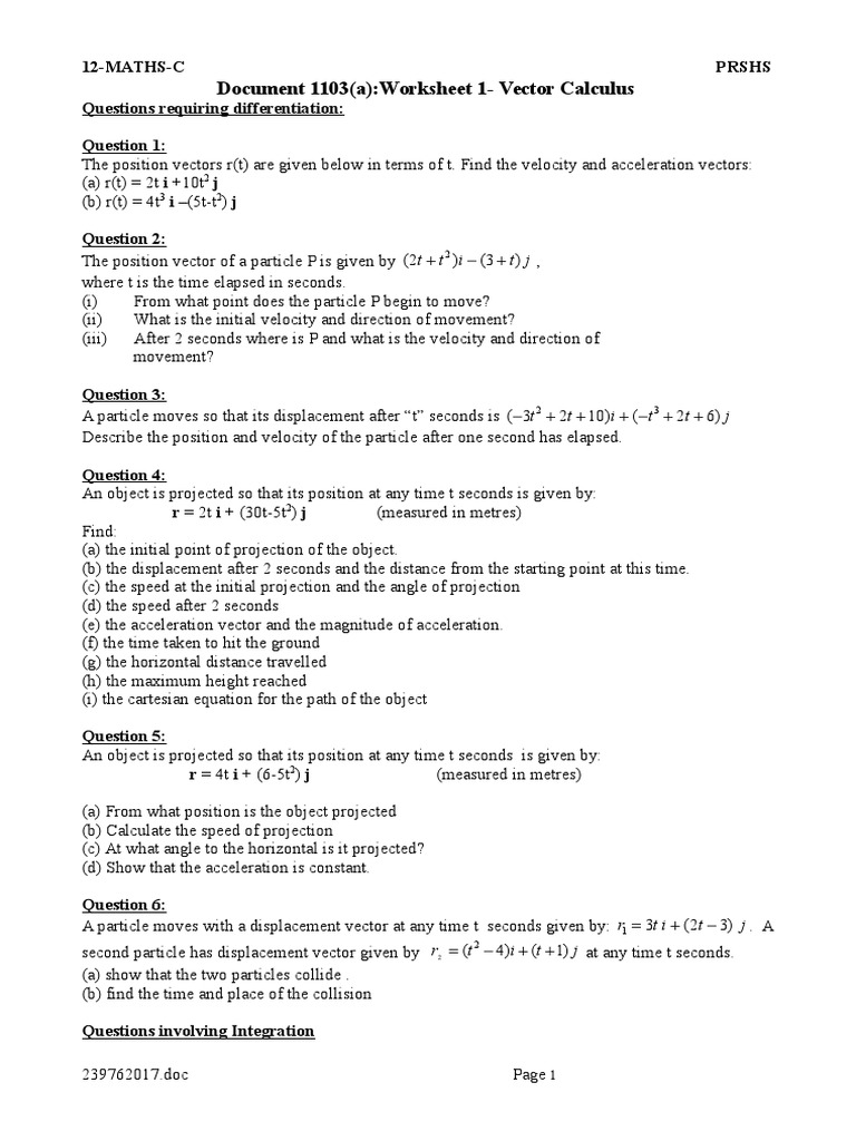 Vector Calculus Worksheet on Motion | PDF | Acceleration | Velocity
