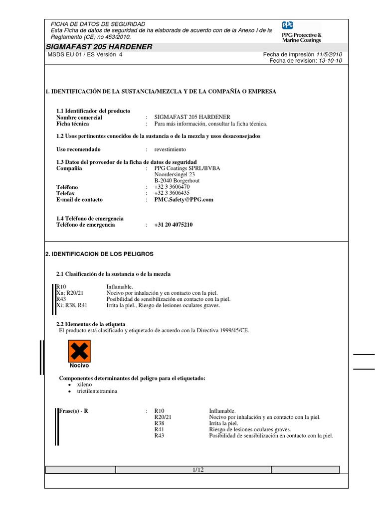 Ficha de Seguridad SigmaFast 205 | PDF | Toxicidad | Agua