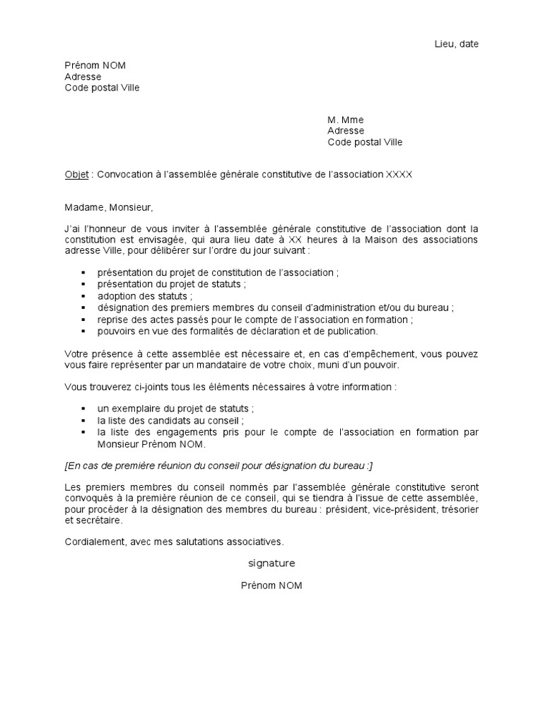 Exemple de Convocation AG Constitutive de L Association | PDF