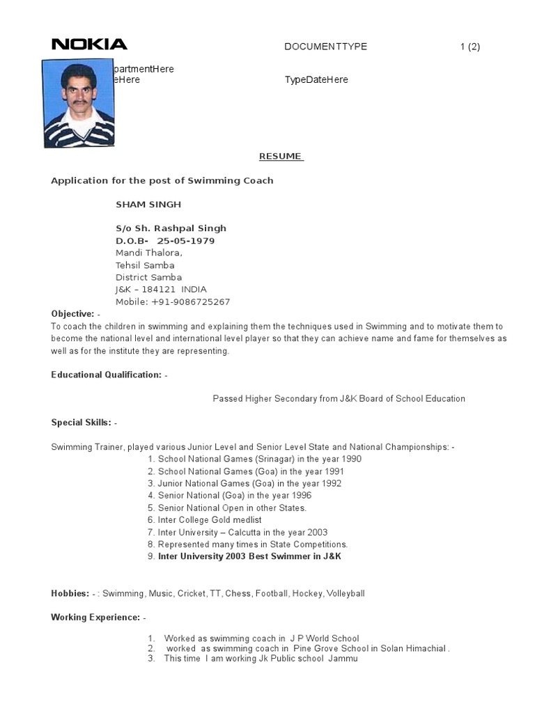 Swimming Coach Resume of Sham Singh | PDF