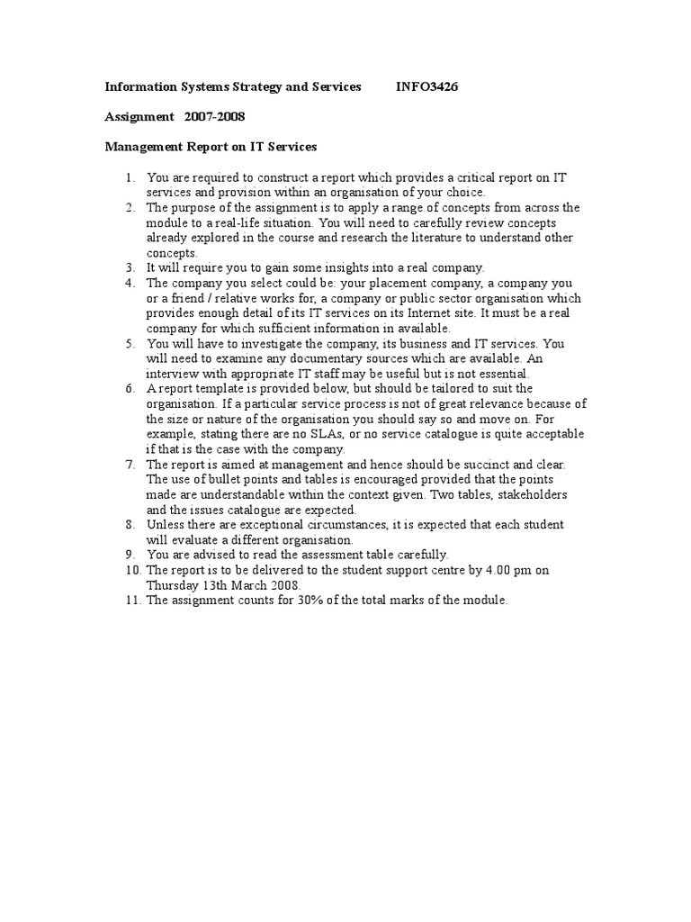 Information Systems Strategy and Services INFO3426 Assignment 2007-2008 ...