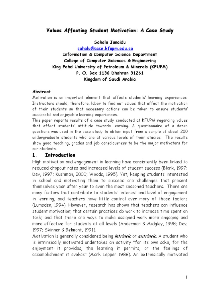 Values Affecting Student Motivation: A Case Study: Sahalu@ccse - Kfupm ...