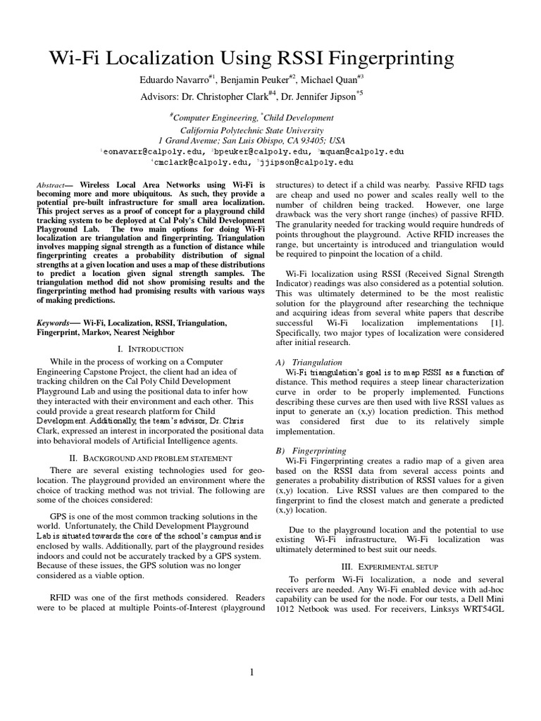 Wi-Fi Localization Using RSSI Fingerprinting | PDF | Radio Frequency ...