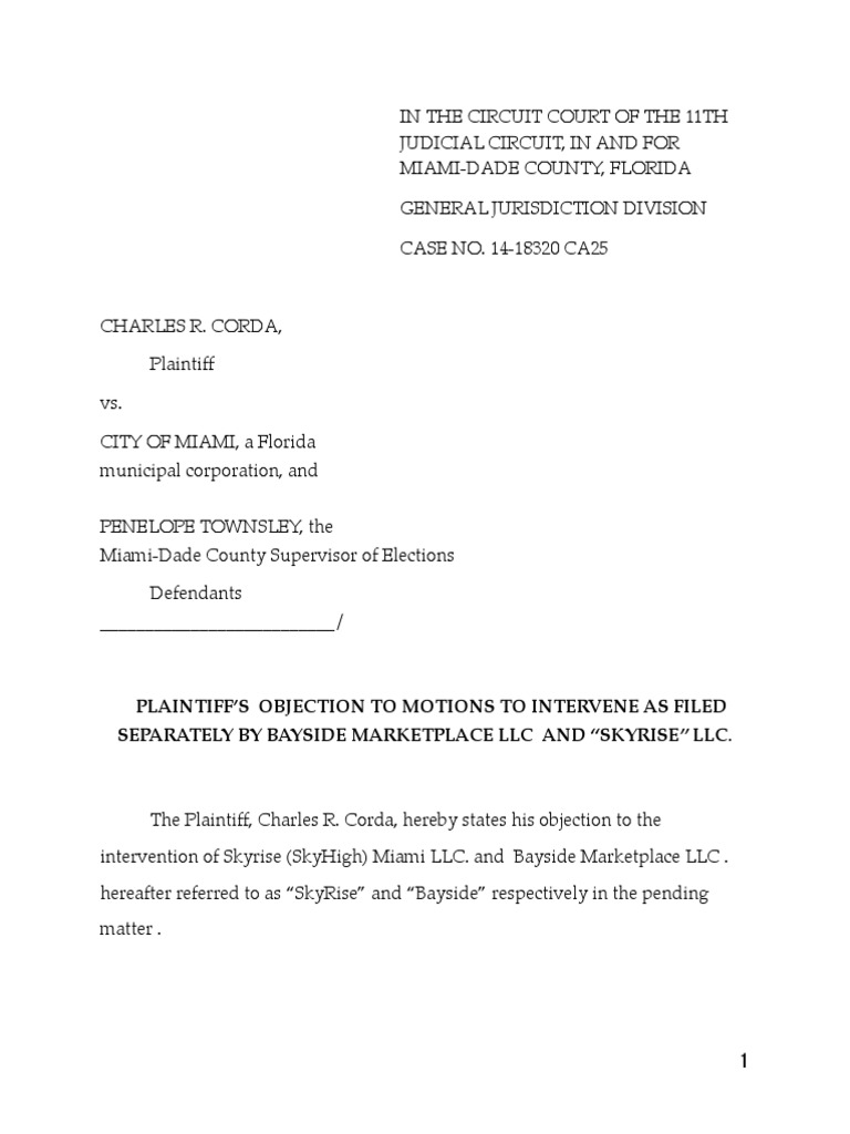 Objection To Intervenor | PDF | Intervention (Law) | Lawsuit