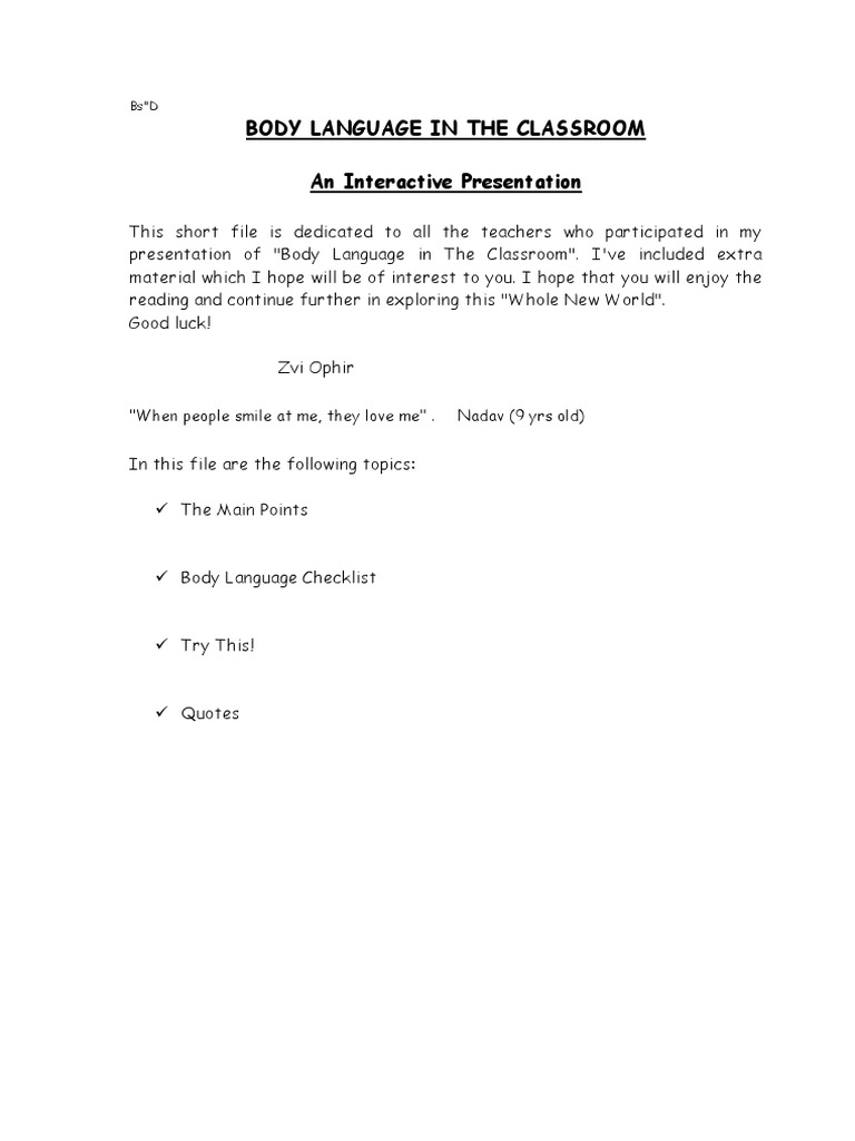 Body Language in The Classroom | PDF | Nonverbal Communication | Body ...