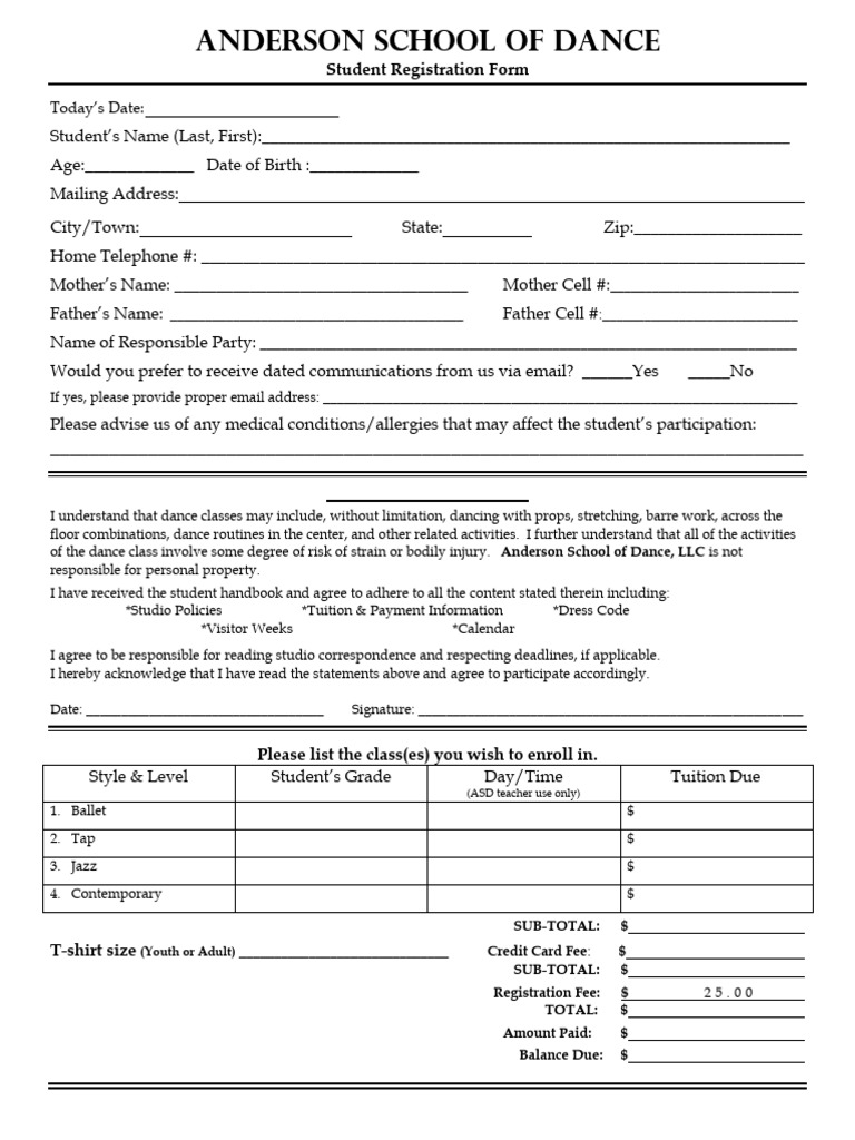 Anderson School of Dance Registration Form | PDF | Dances | Students