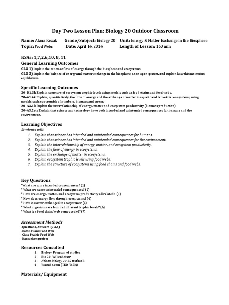 Day Two Lesson Plan | Download Free PDF | Food Web | Ecosystem