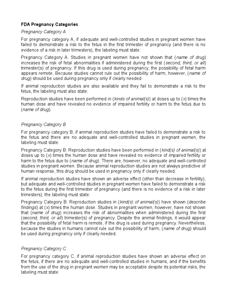 FDA Pregnancy Categories: Guidelines for Labeling Prescription Drugs ...