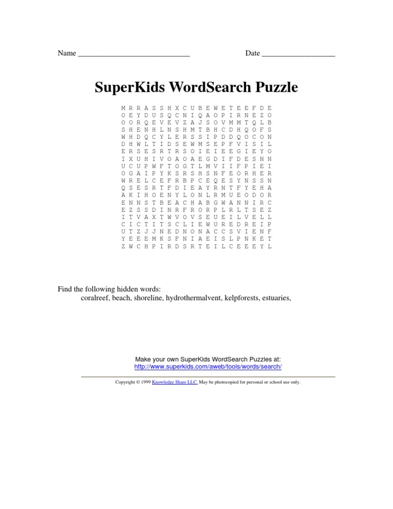 Superkids Wordsearch Puzzle: Name - Date | PDF | Word Search | Word Puzzles