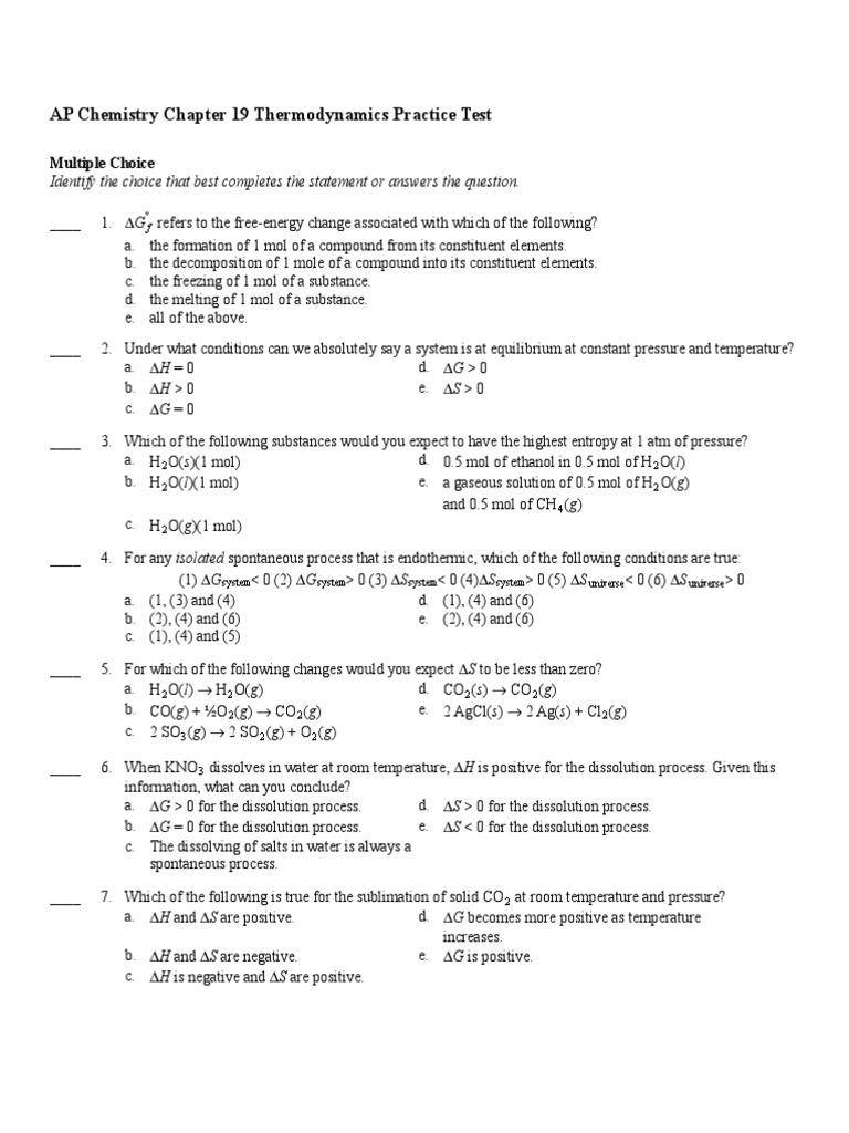 AP Chemistry Chapter 19 Practice MC Test | PDF | Thermodynamic ...