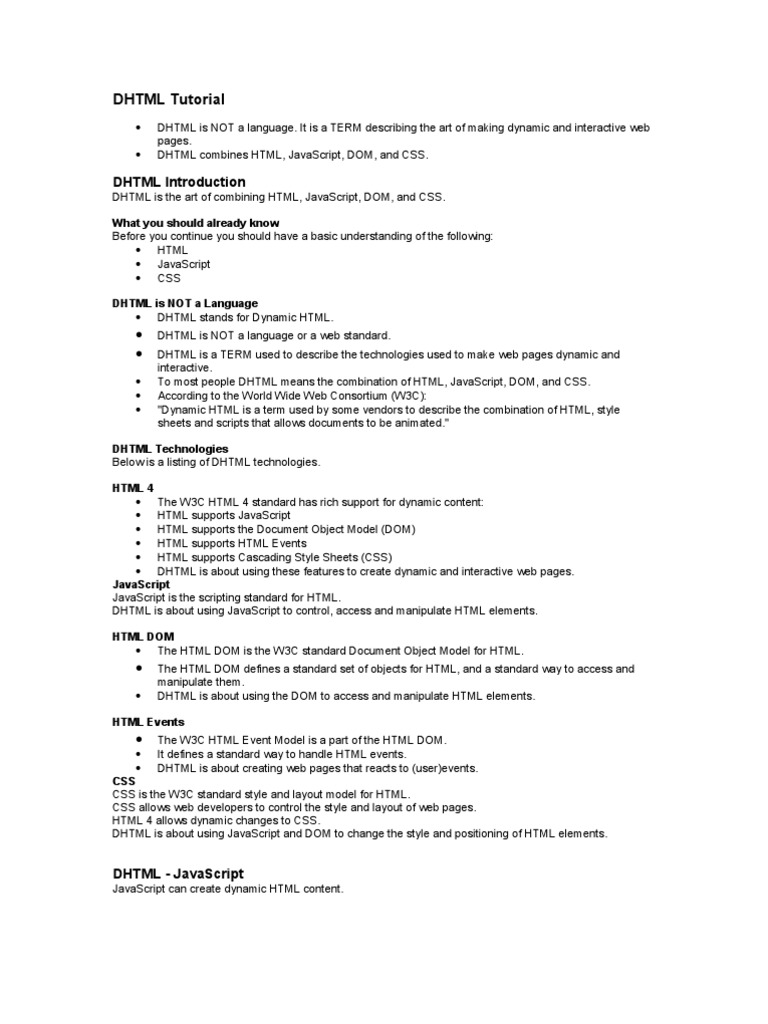 Dhtml Tutorial Pdf Dynamic Html Document Object Model