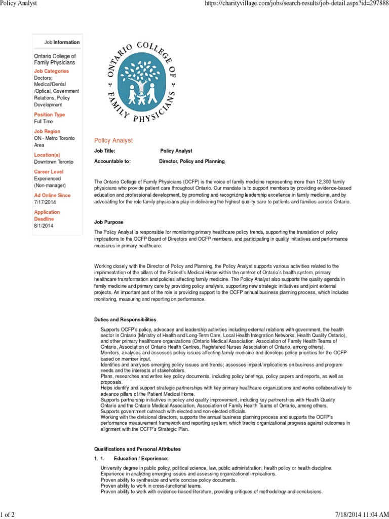 Policy Analyst Job at OCFP in Toronto | PDF | Family Medicine | Physician