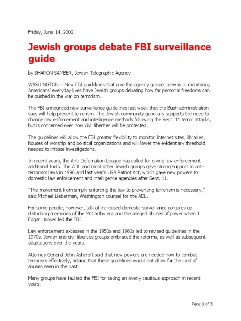 Jewish Groups Debate FBI Surveillance Guide: Page 1 of 3 | PDF | Anti ...