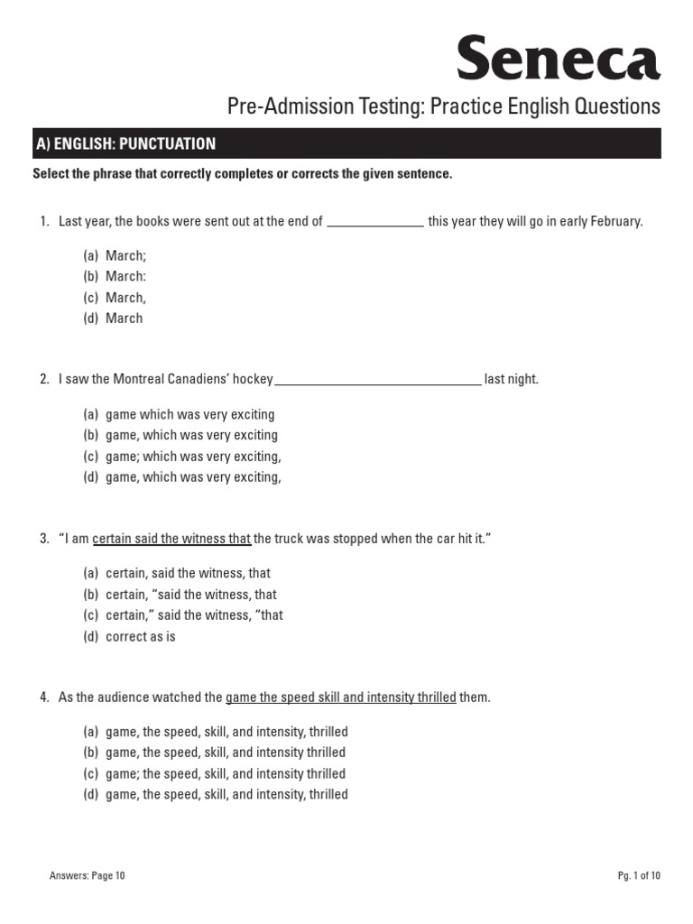 Seneca Pre-Admission English Test Sample | PDF | Simulation