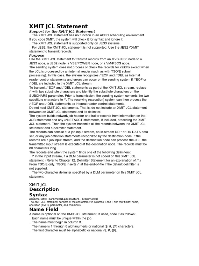 Support For The Xmit Jcl Statement Pdf Parameter Computer