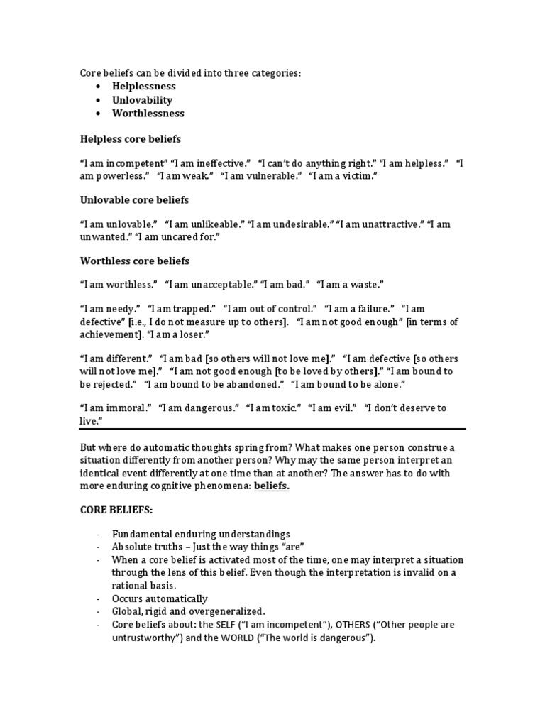 CBT - Core Beliefs | PDF | Hypothesis | Psychotherapy