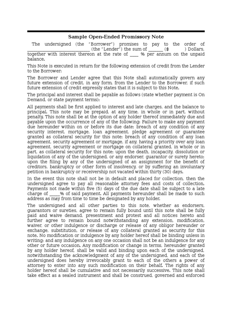 Sample-Open Ended Promissory Note | PDF | Promissory Note | Loans