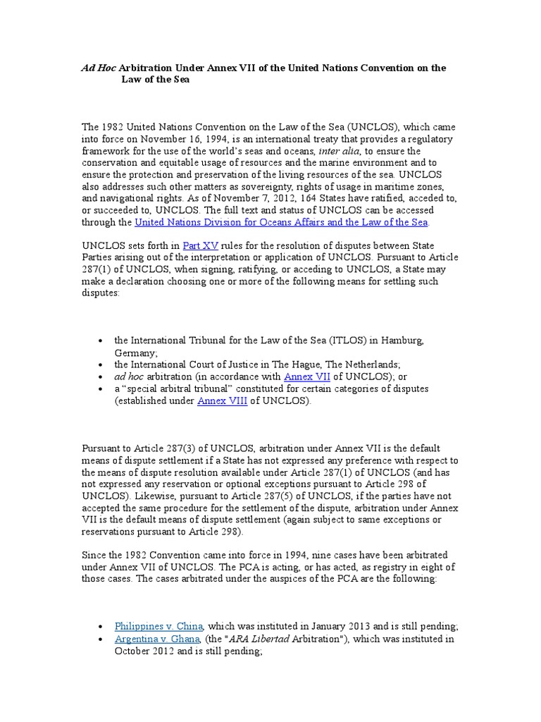 Ad Hoc Arbitration Under Annex VII of The United Nations Convention On ...