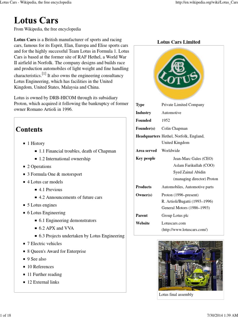 Lotus Cars - Wikipedia, The Free Encyclopedia | PDF | Formula One ...