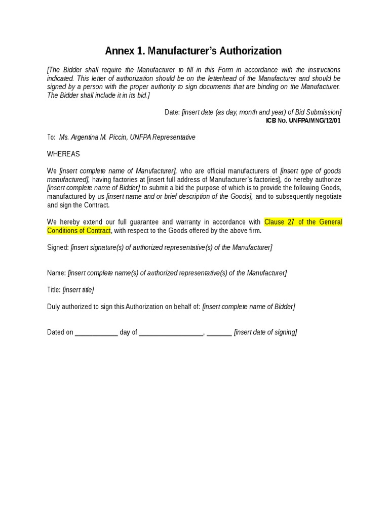 Manufacturer Authorization Form | PDF