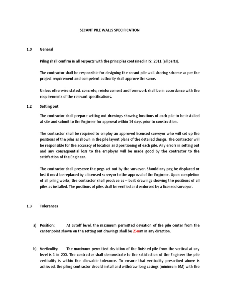 Secant Pile Works Technical Specifications - Rev0 | PDF | Deep ...