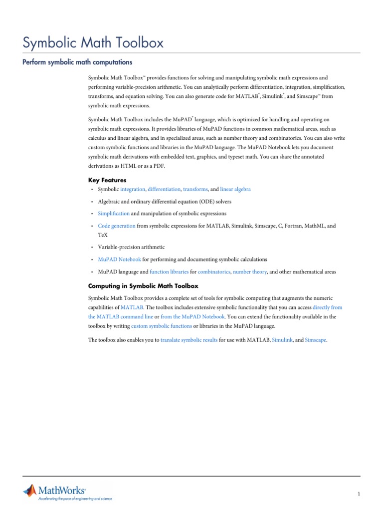 Symbolic Math Toolbox | PDF | Matlab | Matrix (Mathematics)
