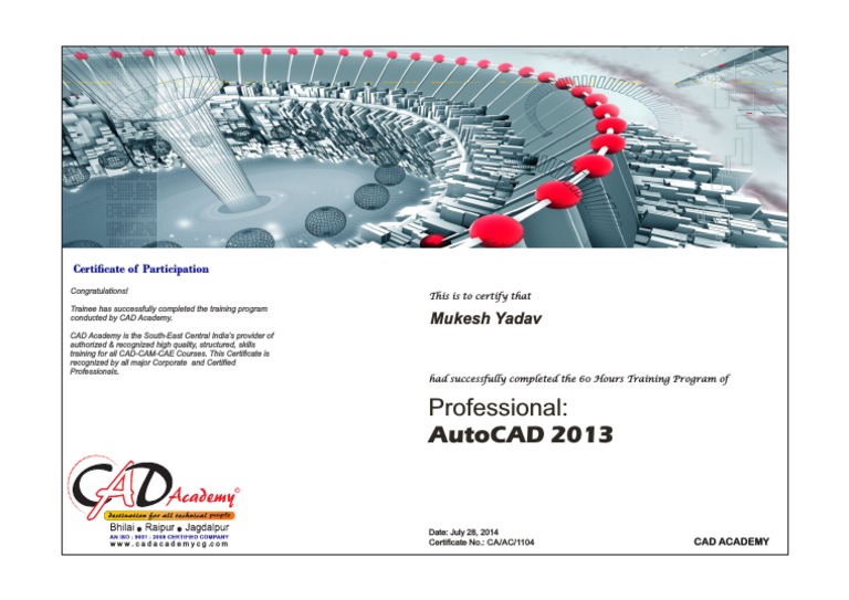 CAD Training Completion Certificate | PDF | Computers | Technology ...