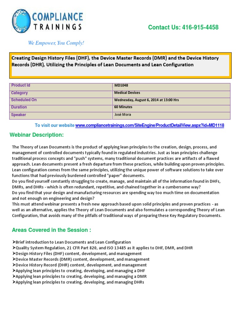 Webinar On Creating Design History Files (DHF), The Device Master ...