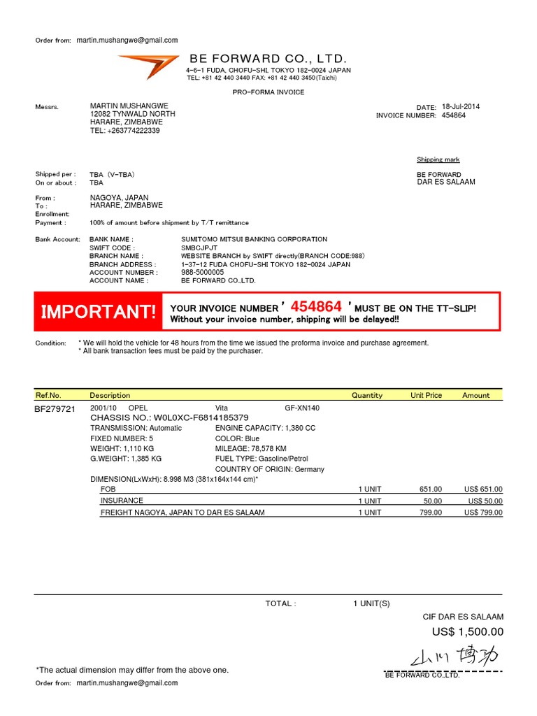 Proforma Invoice and Purchase Agreement No.454864 | Invoice | Tanzania